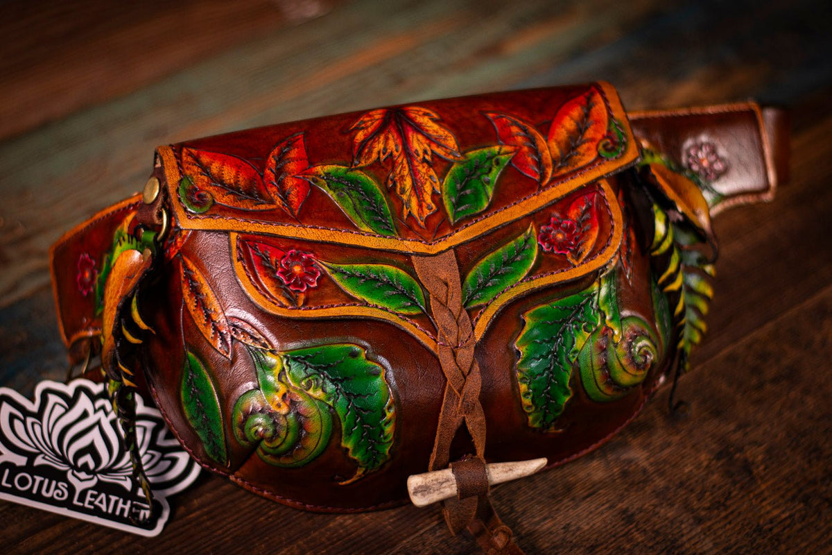 PHOTOS- Handcrafted Leather Fanny Pack - Fern & Leaf Design for Festivals - Lotus Leather