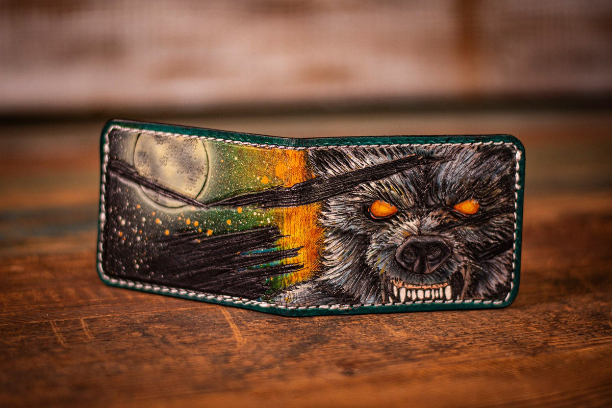 Handcrafted Leather Bifold Wallet - Werewolf Cryptid with Glow-in-the ...