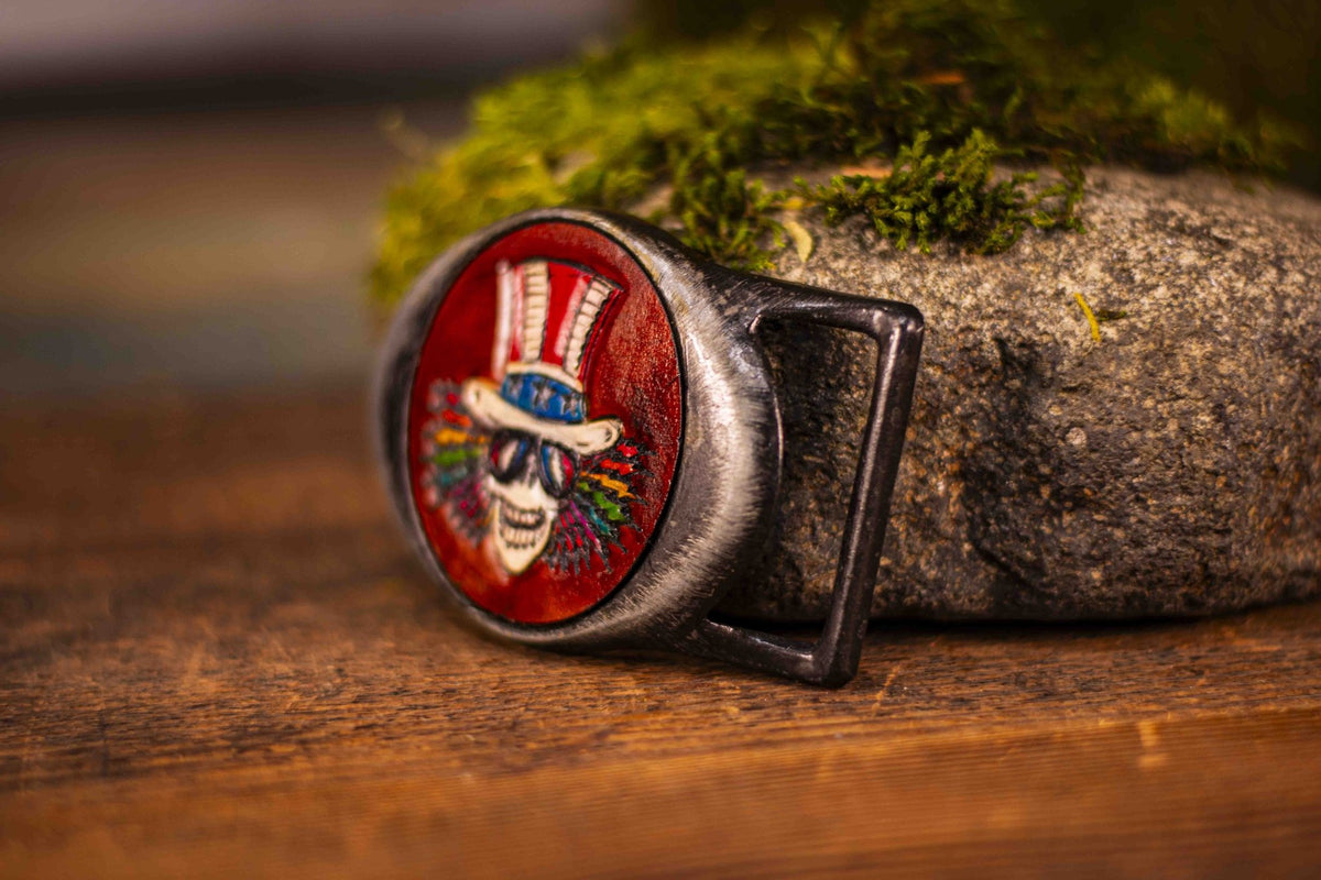 Psycle Sam Skeleton Belt Buckle – Rainbow Top Hat Design on Tooled ...