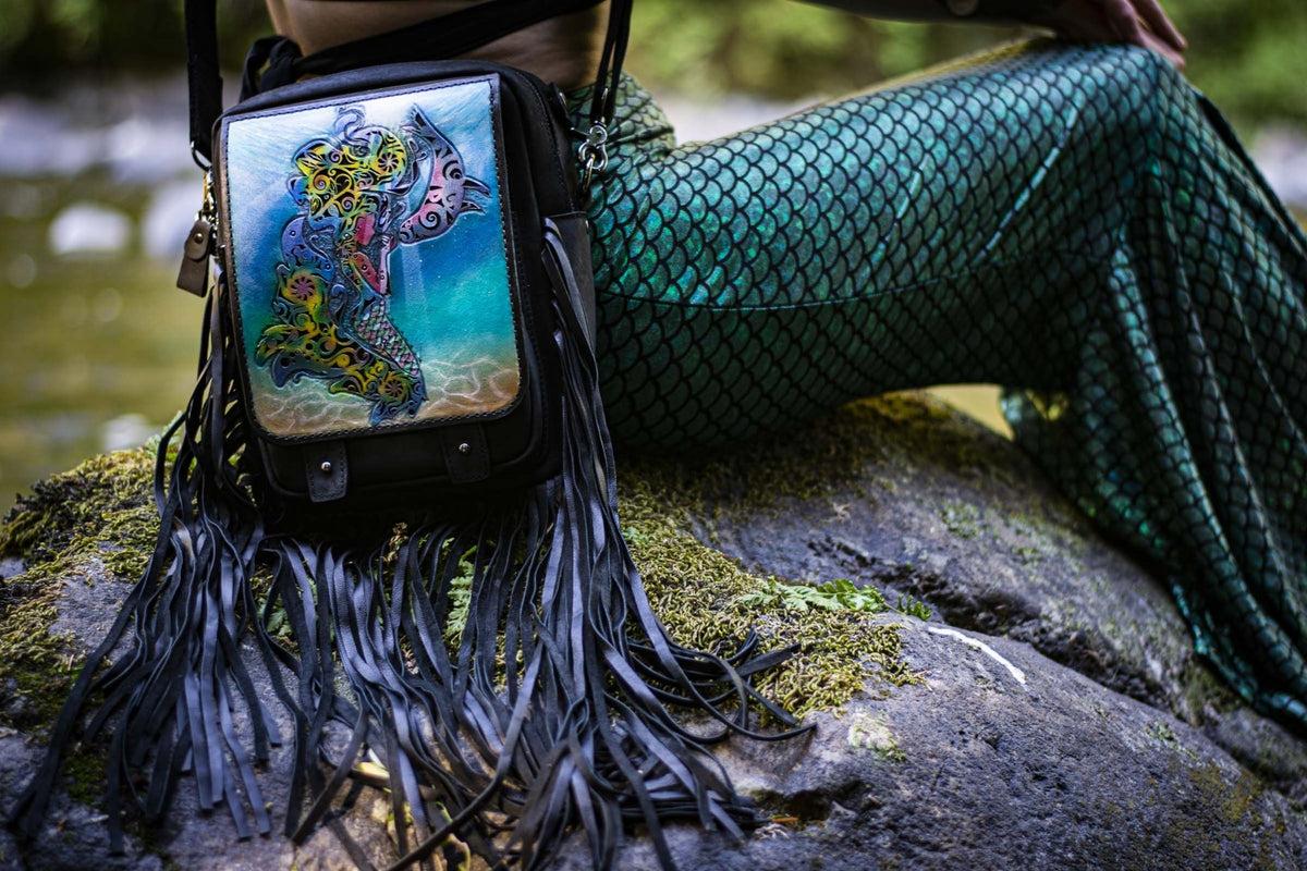 Mermaid - Inlaid Labradorite - Tooled Leather Crossbody Bag - Lotus Leather